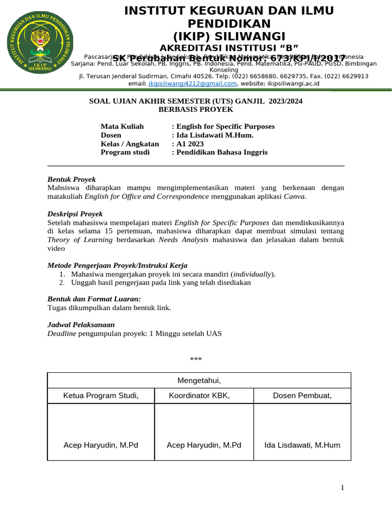 UAS Project - English For Specific Purposes - Reg A1 2023 - Daring-1 | PDF