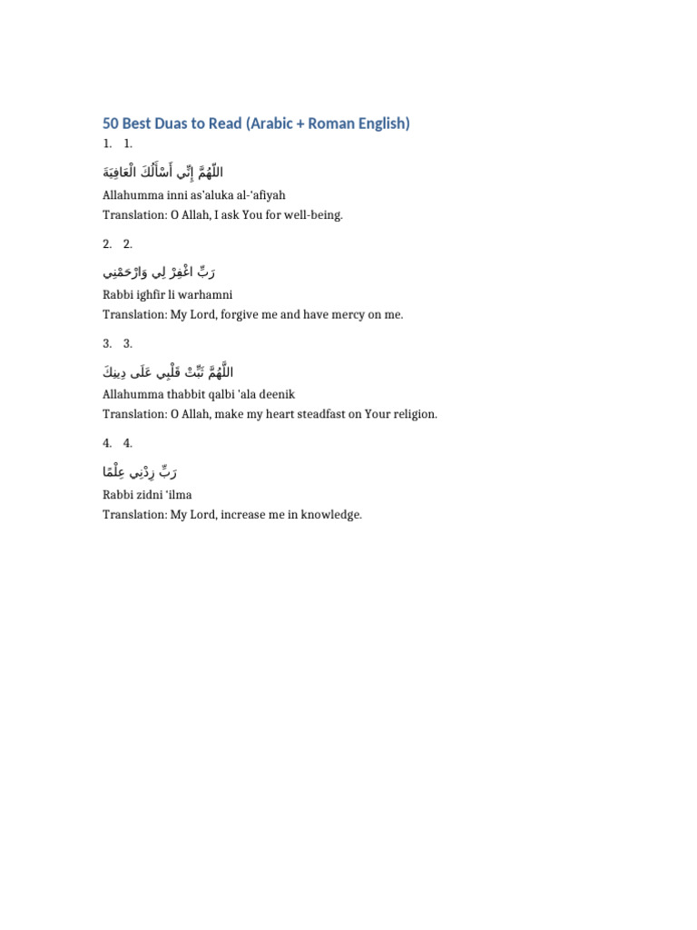 50 Essential Duas in Arabic & Roman English | PDF