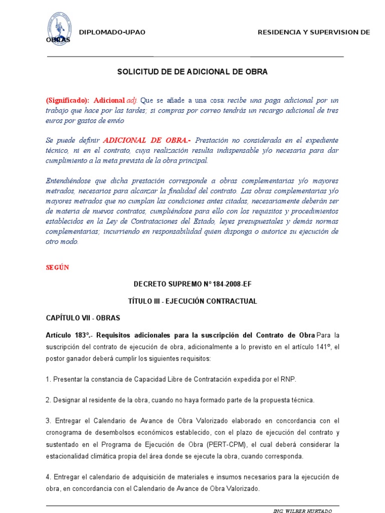 Adicionales de Obra Solicitar | Presupuesto | Gobierno
