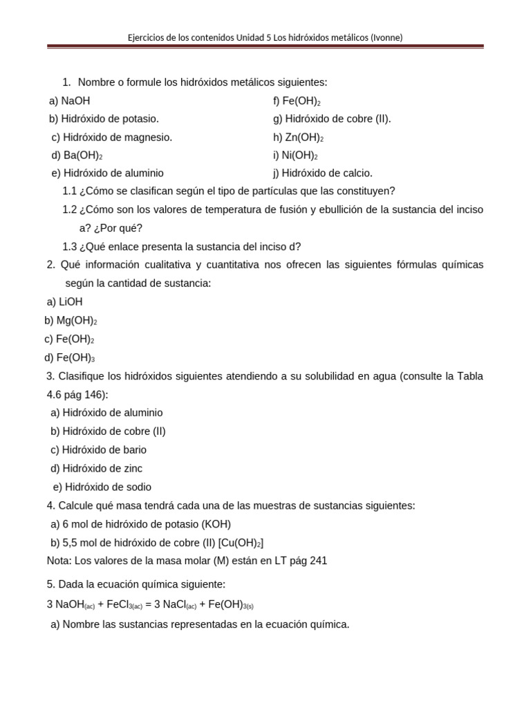 Ejercicios U 5 Los Hidróxidos Metálicos Pdf