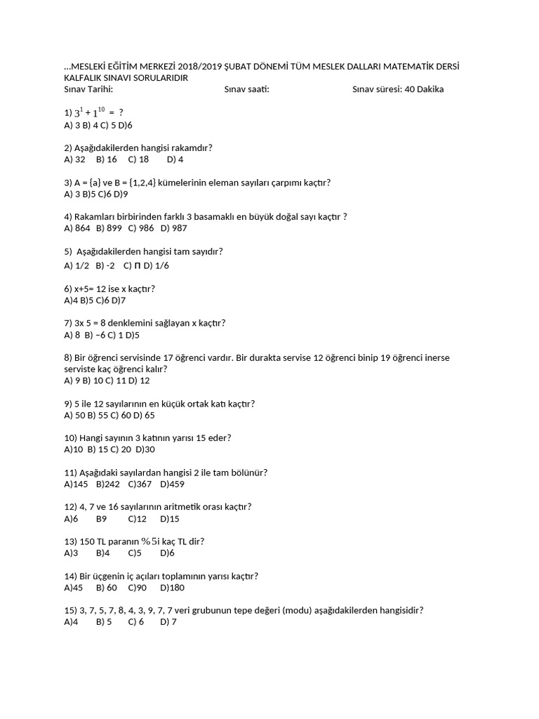 2019 Mesleki Egitim Merkezi 2.1 Mat Sinavi | PDF
