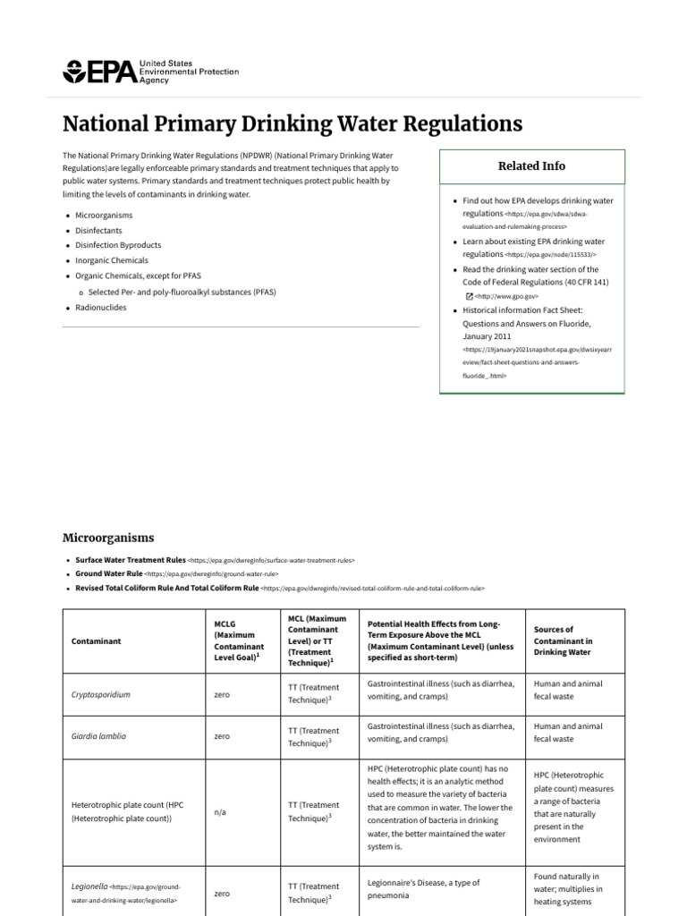 National Primary Drinking Water Regulations - US EPA | PDF | Drinking Water