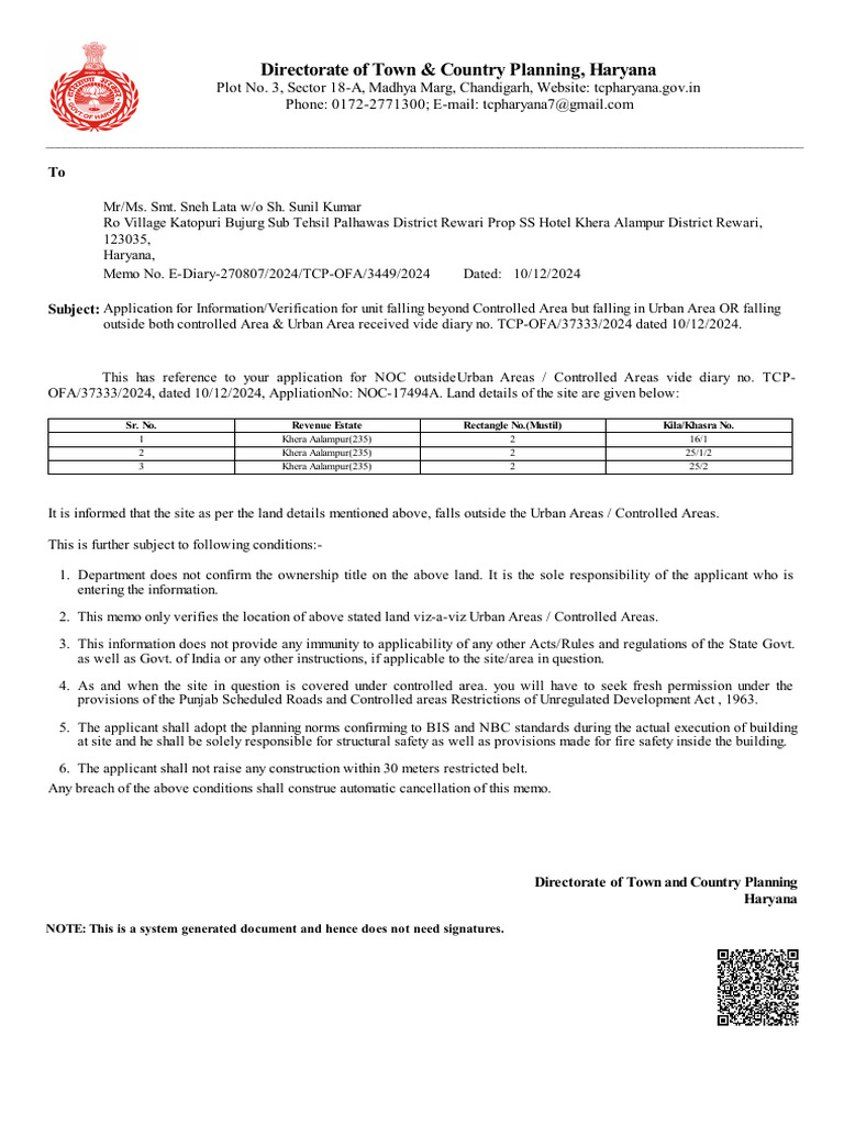 Directorate of Town & Country Planning, Haryana: Sr. No. Revenue Estate Rectangle No. (Mustil ...