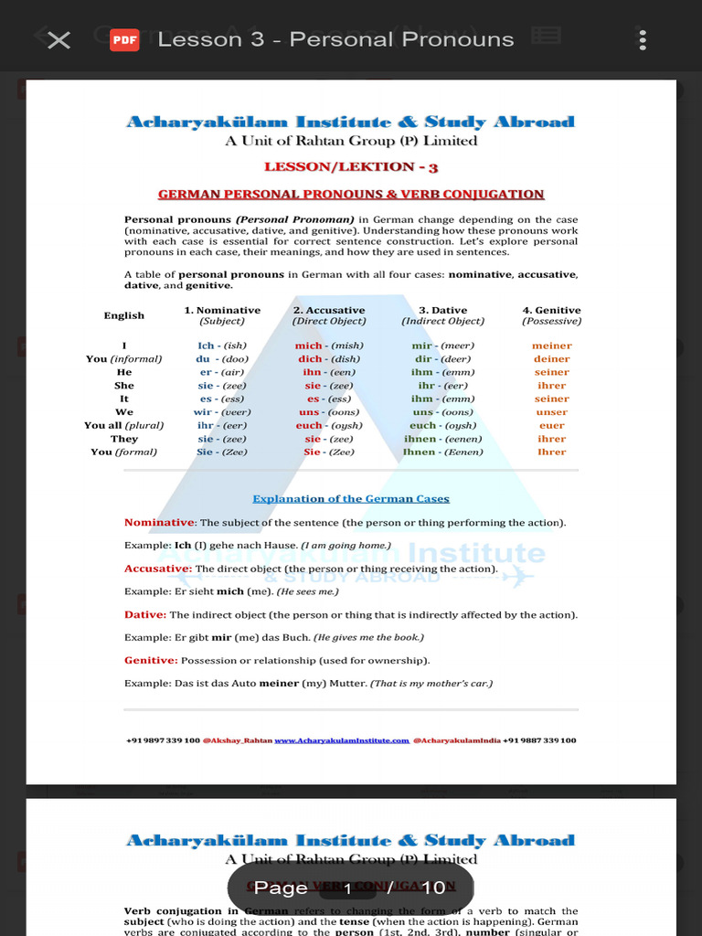 German A1 Personal Pronouns Guide | PDF | Subject (Grammar) | Syntactic ...