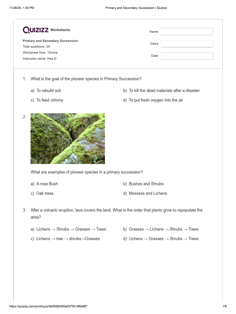 Primary and Secondary Succession Quiz | PDF | Biogeography | Botany