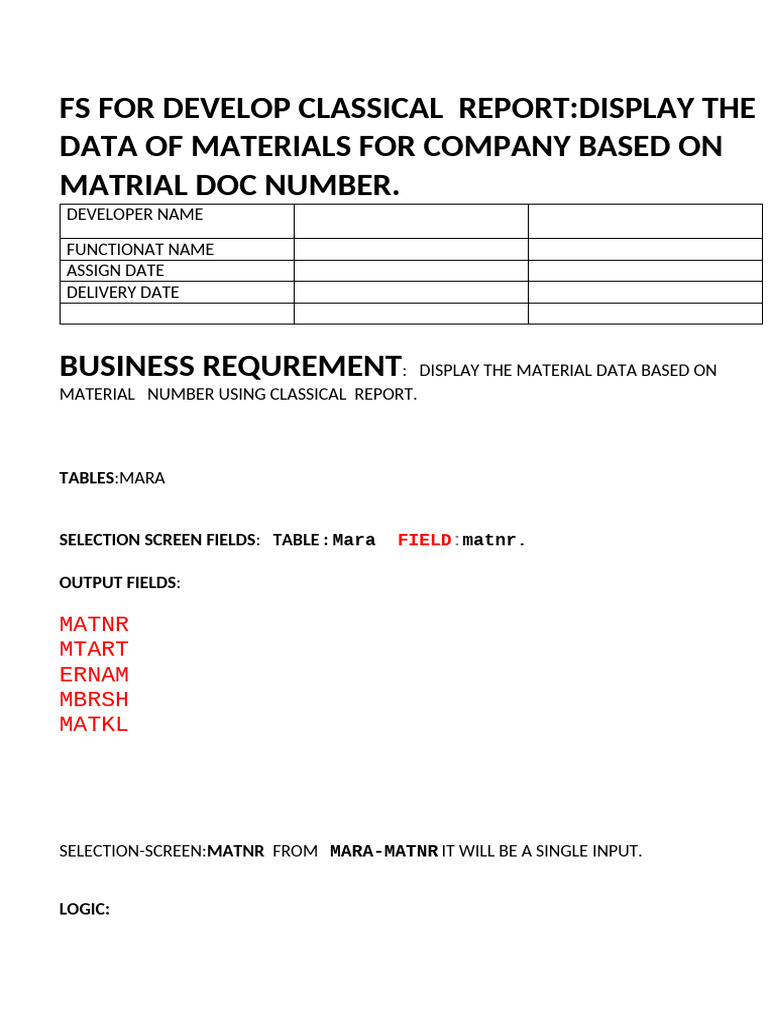 Classical Report for Material Data Display | PDF