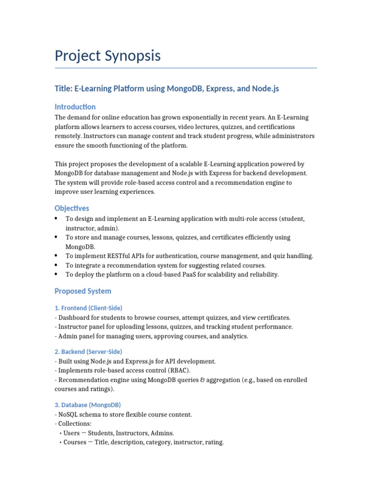 E-Learning Platform Synopsis | PDF | Educational Technology | Mongo Db