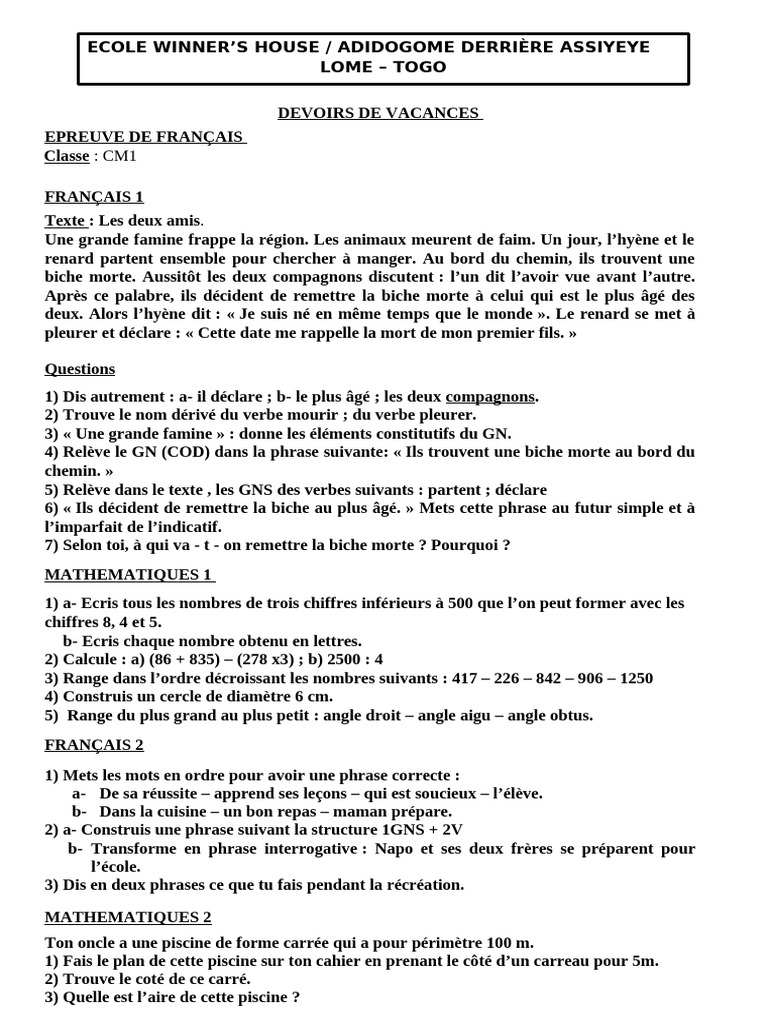 Devoirs de vacances CM1 - Français et Maths | PDF