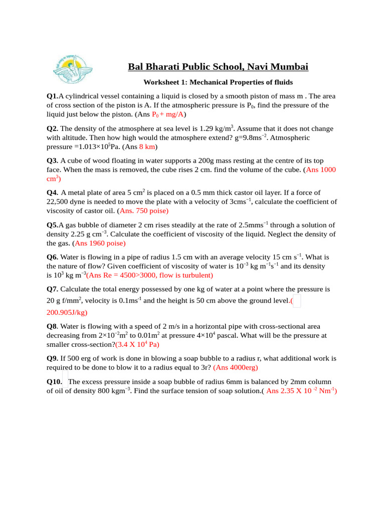 Mechanical Properties of Fluids Worksheet | PDF