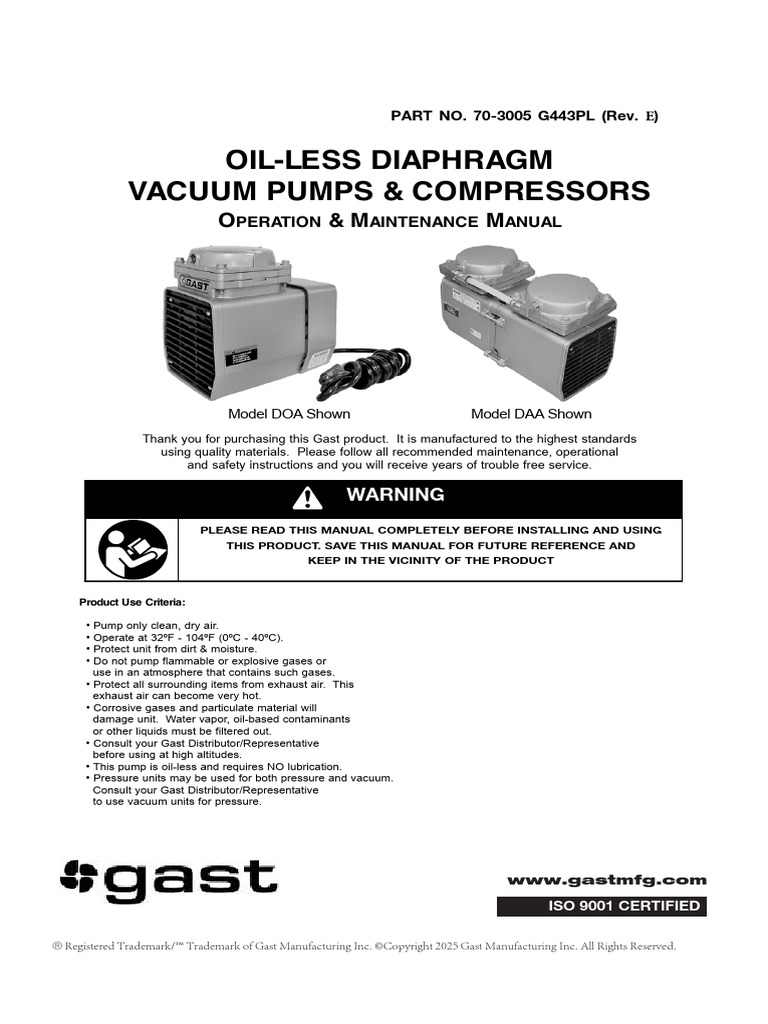 Oil-Less Diaphragm Vacuum Pump Manual | PDF | Electrical Connector | Ac ...