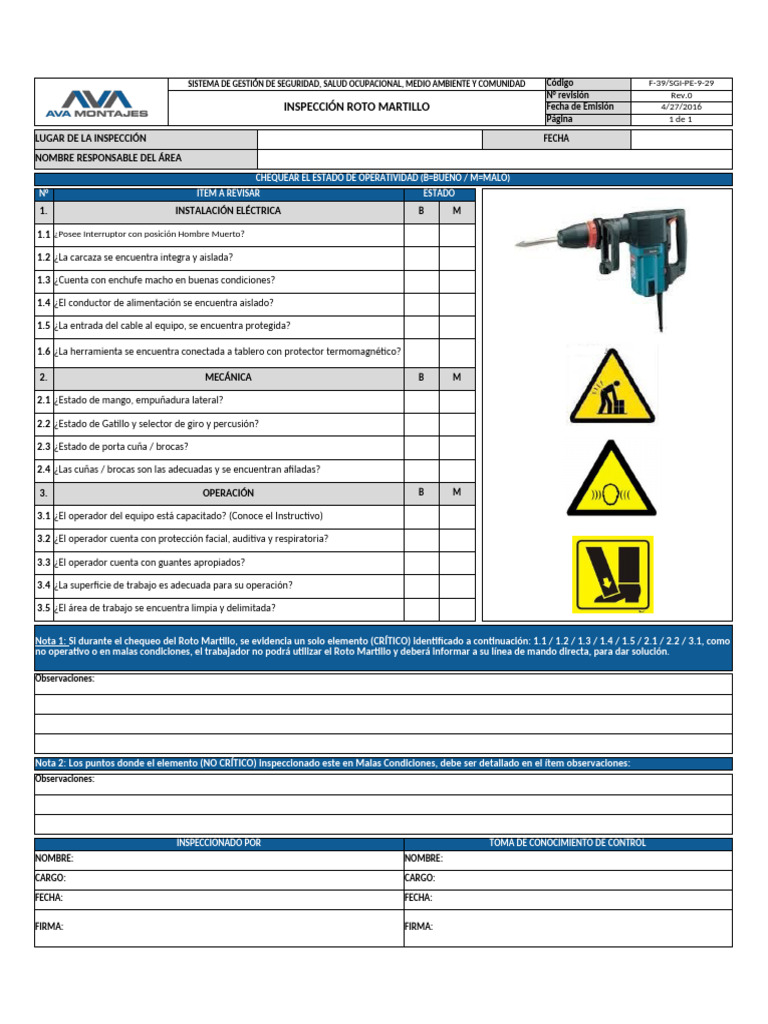 F-39 Check List Rotomartillo Rev 0 | PDF | Ingenieria Eléctrica