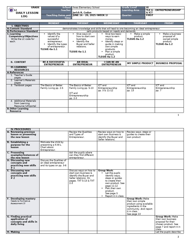 DLL - Tle 6 - Entrep & Ict - q1 - w1 | PDF | Educational Technology ...