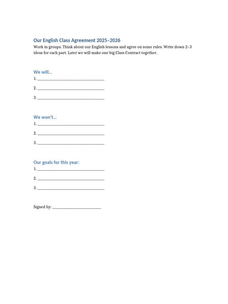 English Class Agreement Template 2025-26 | PDF