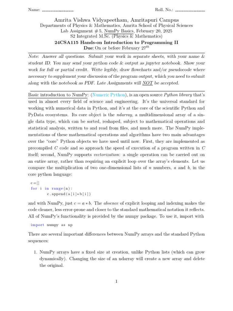 Hands On Intro Prog II 24CSA 115 Lab5 Numpy | PDF | Computer ...