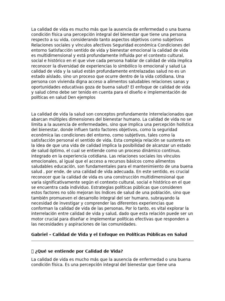 Calidad de Vida y Salud: Enfoque Integral | PDF | Calidad de vida ...