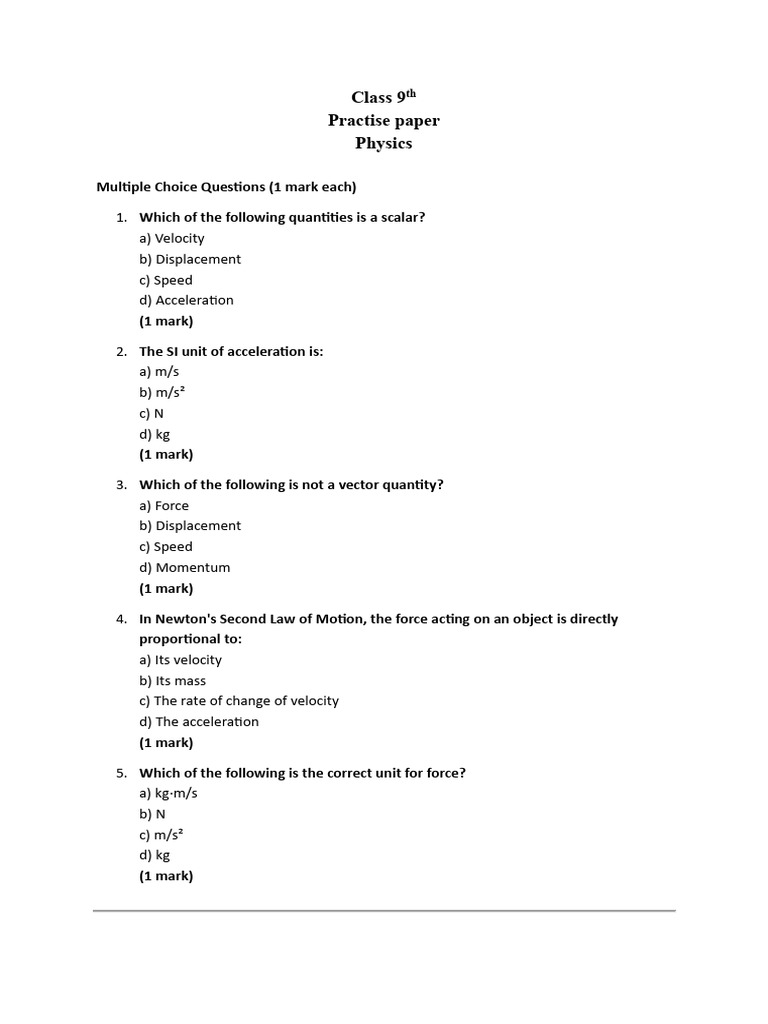 Class 9th Physics Practise Paper | PDF | Force | Velocity