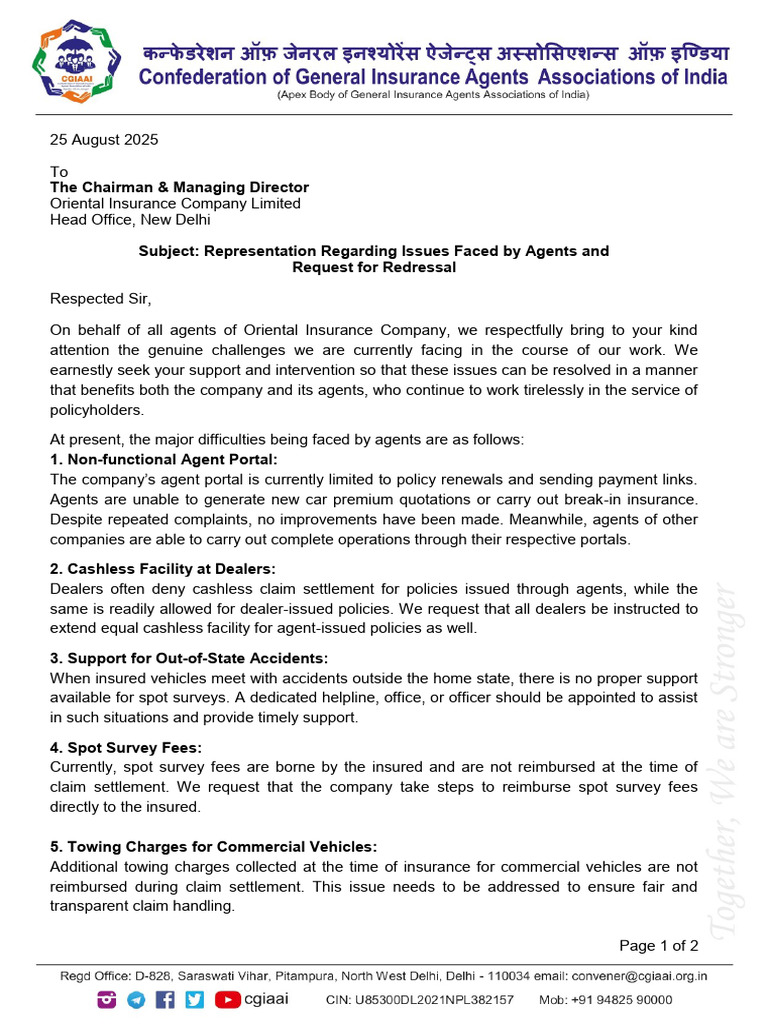 OICL Letter 25th Aug 2025 | PDF | Insurance | Underwriting