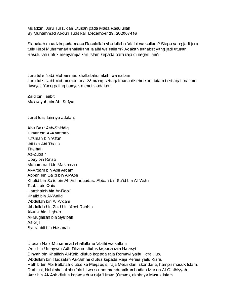 Muadzin dan Juru Tulis Rasulullah | PDF