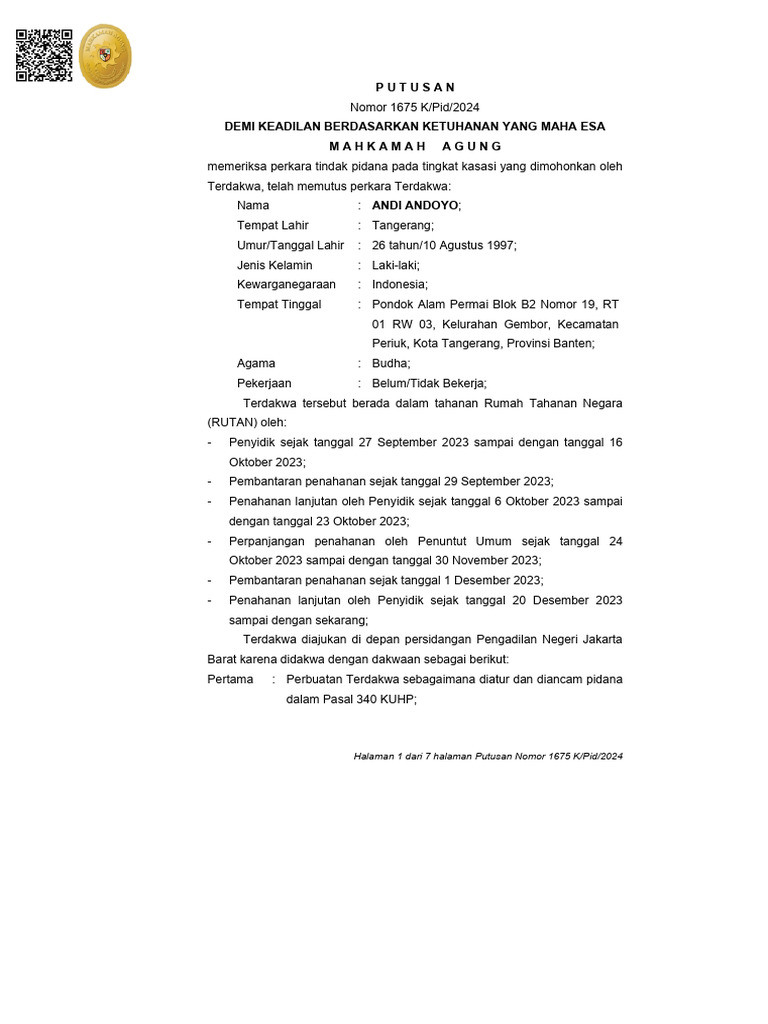 Putusan Kasasi Andi Andoyo 2024 | PDF
