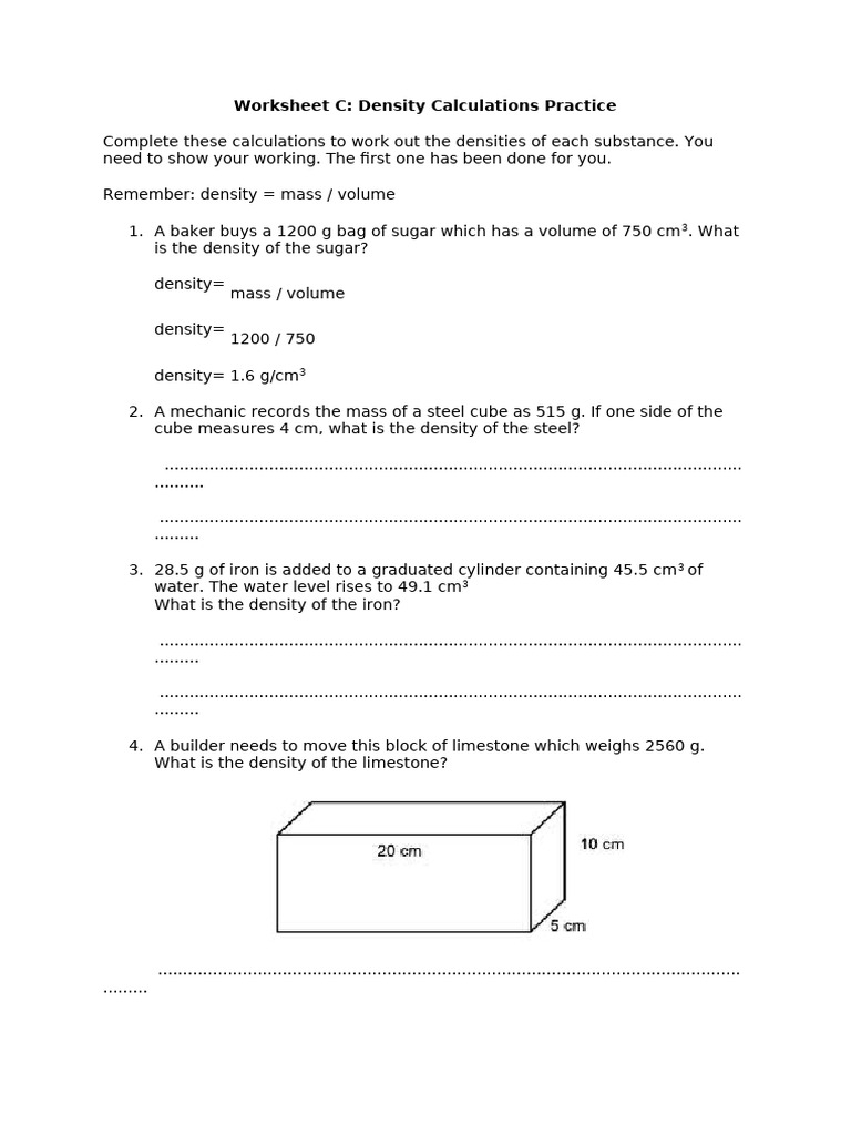 Worksheet C - Density Calculations Practice | PDF | Density | Volume