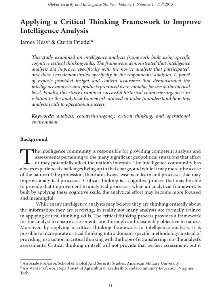Applying A Critical Thinking Framework To Improve Intelligence Analysis ...