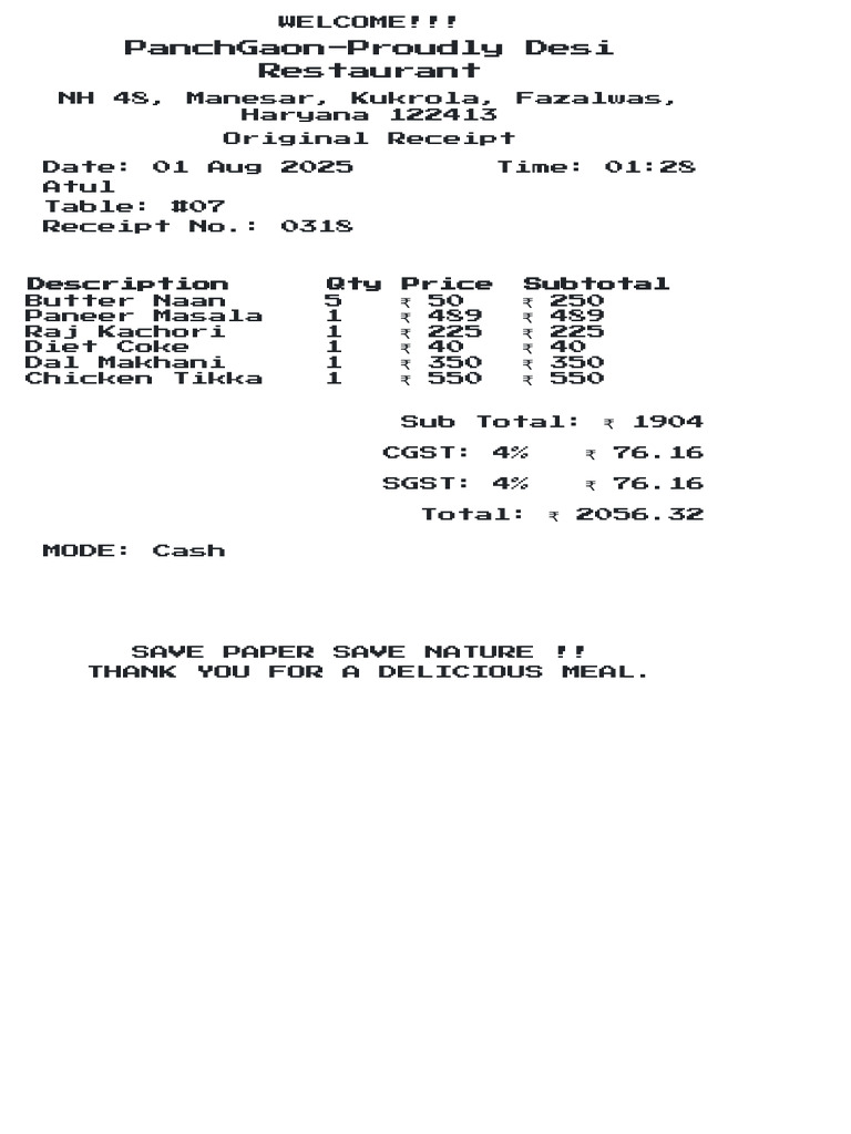 PanchGaon Restaurant Receipt Summary | PDF