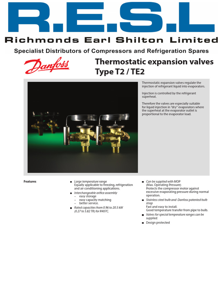 Thermostatic Expansion Valves T2/TE2 Data | PDF | Temperature ...