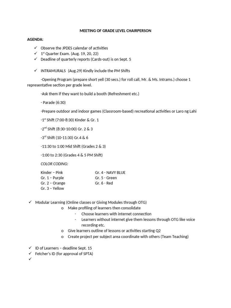 Grade Level Chairperson Meeting Agenda | PDF