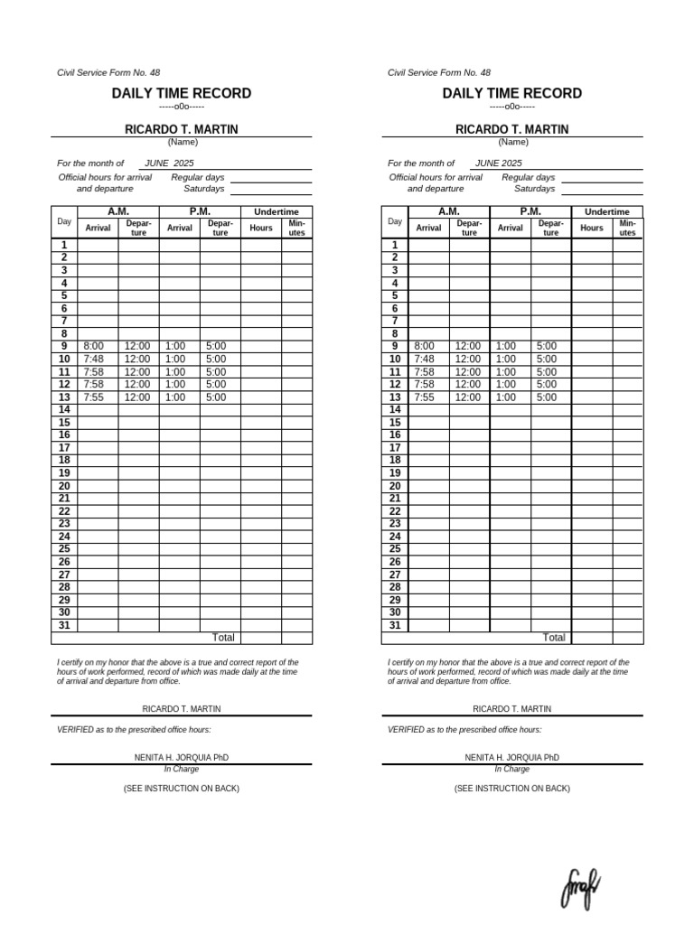 CSC Form 48 Daily Time Record DTR | PDF | Theory Of Computation