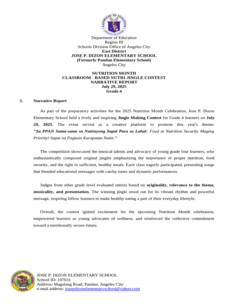Nutrition Month Jingle Contest Report 2025 | PDF