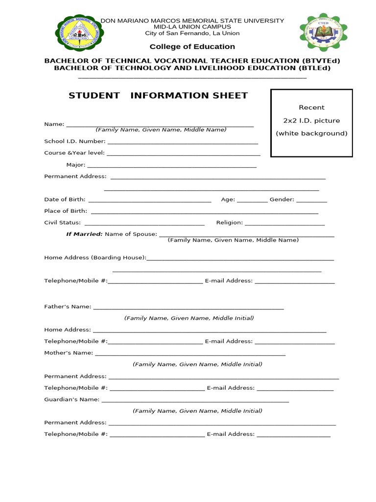 Student Information Sheet Template | PDF | Identity Document