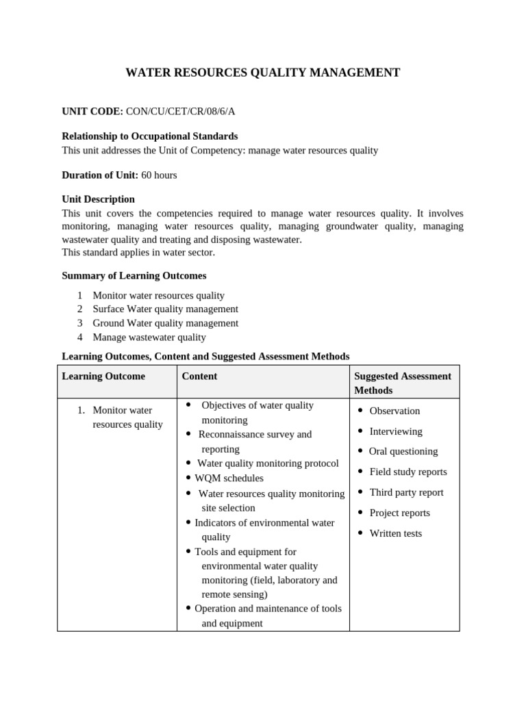 Water Quality Management Training Unit | PDF | Water Quality | Water