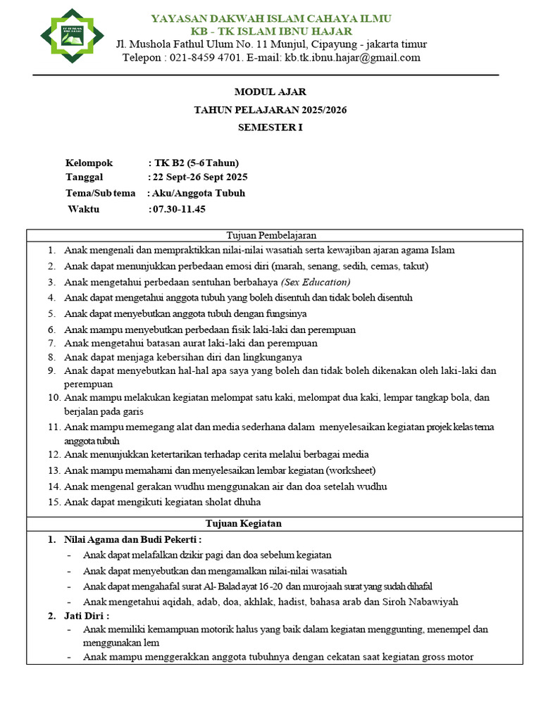 Modul Ajar - TK - B2 - Anggota Tubuh - 2 - 2025 - 2026 | PDF