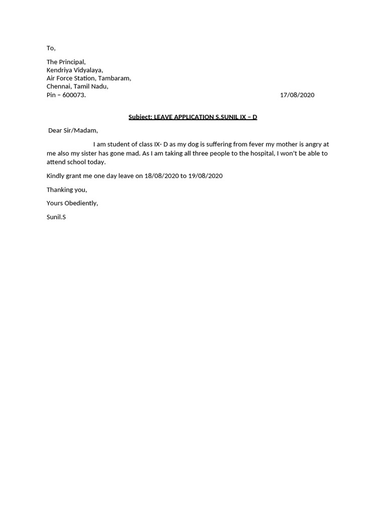 Leave Application for Class IX Student | PDF