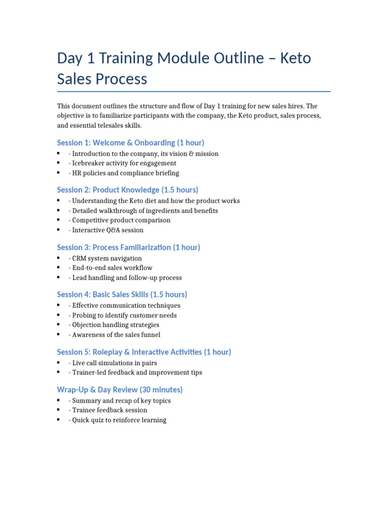Day 1 Keto Sales Training Outline | PDF