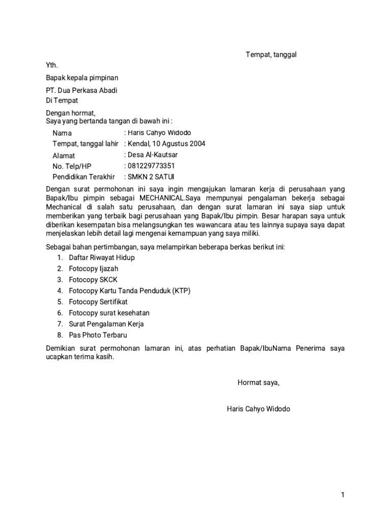 Lamaran Kerja Mechanical oleh Haris Widodo | PDF