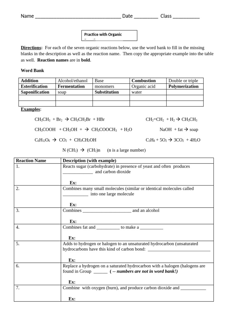 Organic Reactions Practice Worksheet | PDF | Ester | Chemical Reactions