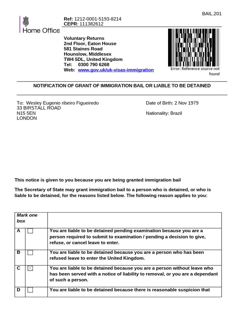 Immigration Bail Notification Letter | PDF