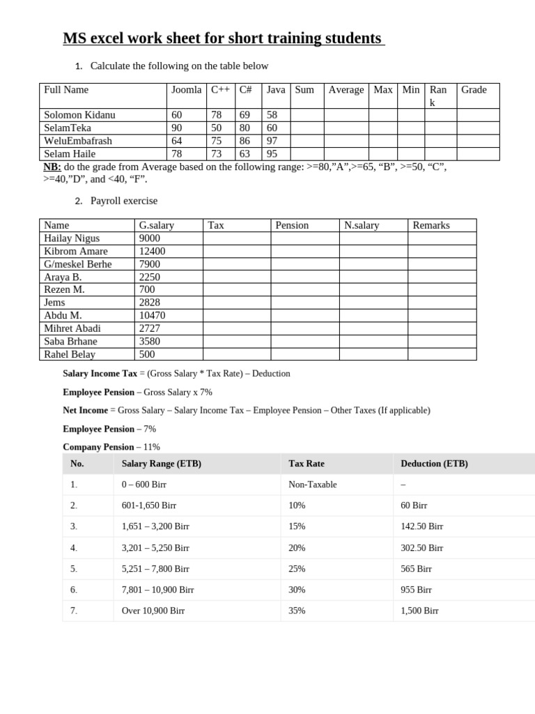 MS Excel Work Sheet For Short Training Students | PDF