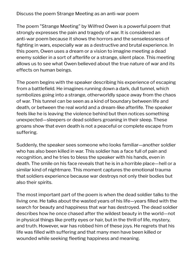 Discuss The Poem Strange Meeting As An Anti-War Poem | PDF | Hero | Courage