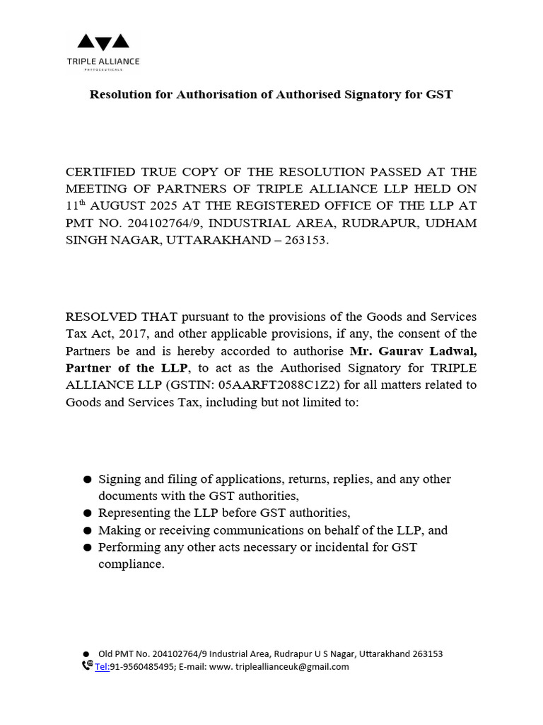 GST Authorisation Resolution for LLP | PDF