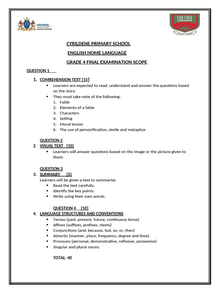 Grade 4 English Exam Scope | PDF