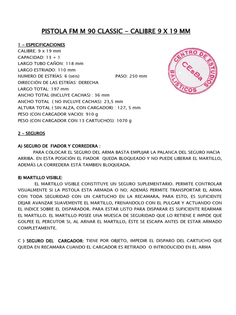 Pistola FM M90 Classic: Especificaciones | PDF