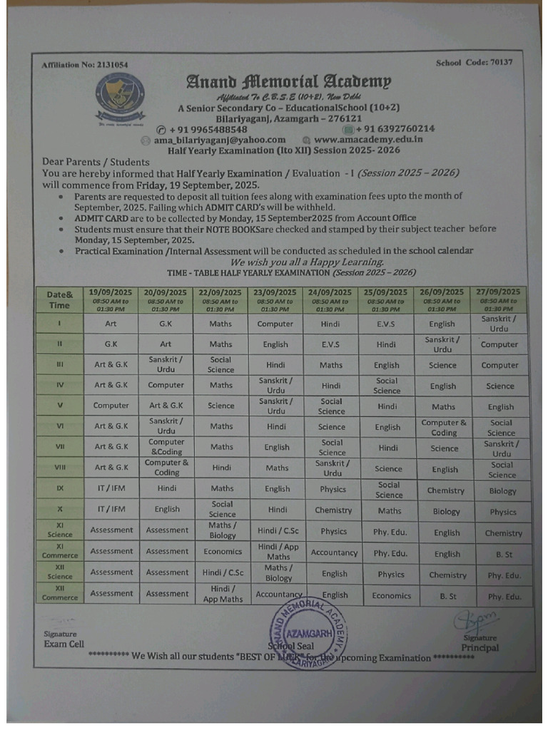 Half Yearly Examination Time Table 2025-2026 | PDF