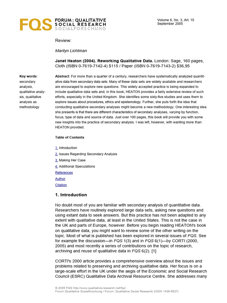 FQS 6 3 Lichtman Review Janet Heaton (2004) - Reworking Qualitative ...