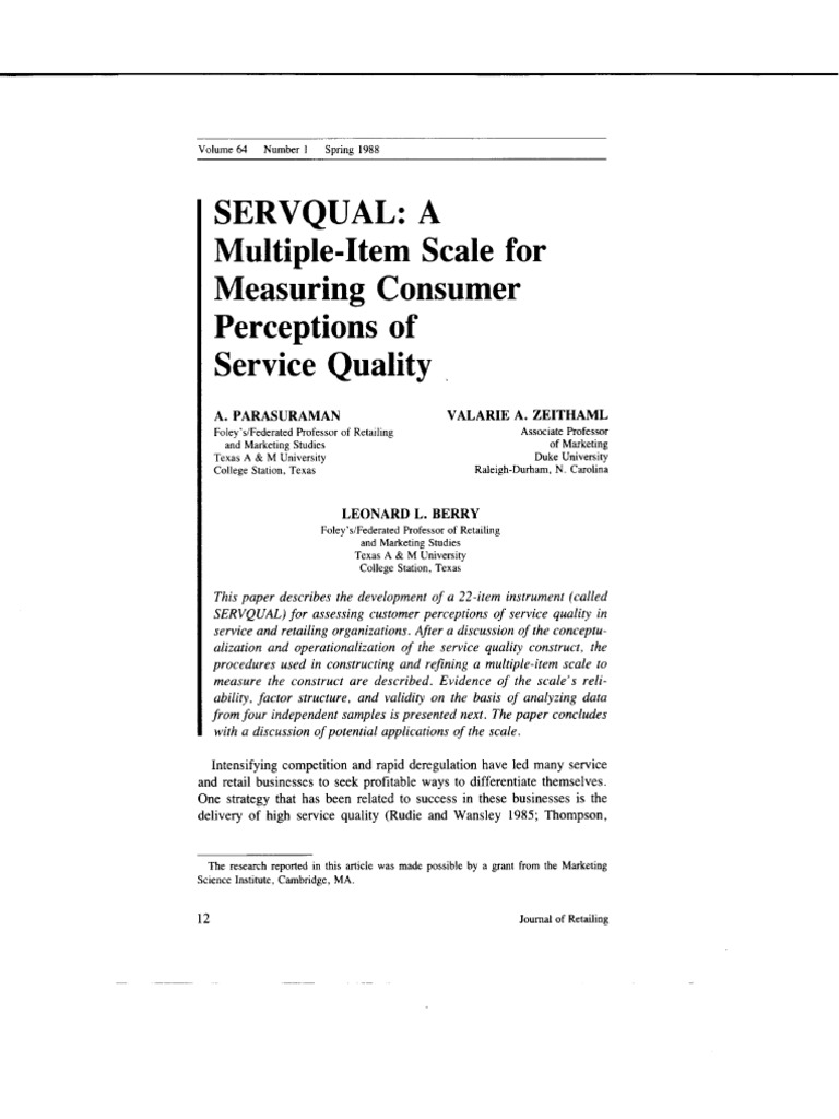 Zeithaml - 2017 - Servqual A Multiple-Item Scale For Measuring Consumer Perc - ProQuest | PDF ...