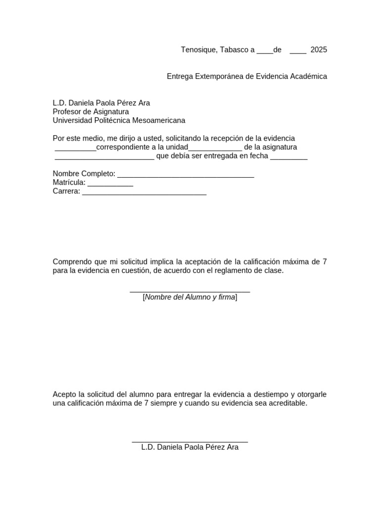 Formato de Solicitud Entrega Extemporanea de Evidencias 2 | PDF