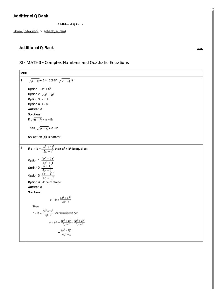 Complex Numbers MCQ Solutions | PDF | Quadratic Equation | Numbers