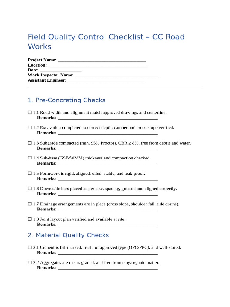 Field Quality Control Checklist | PDF | Building Materials | Materials