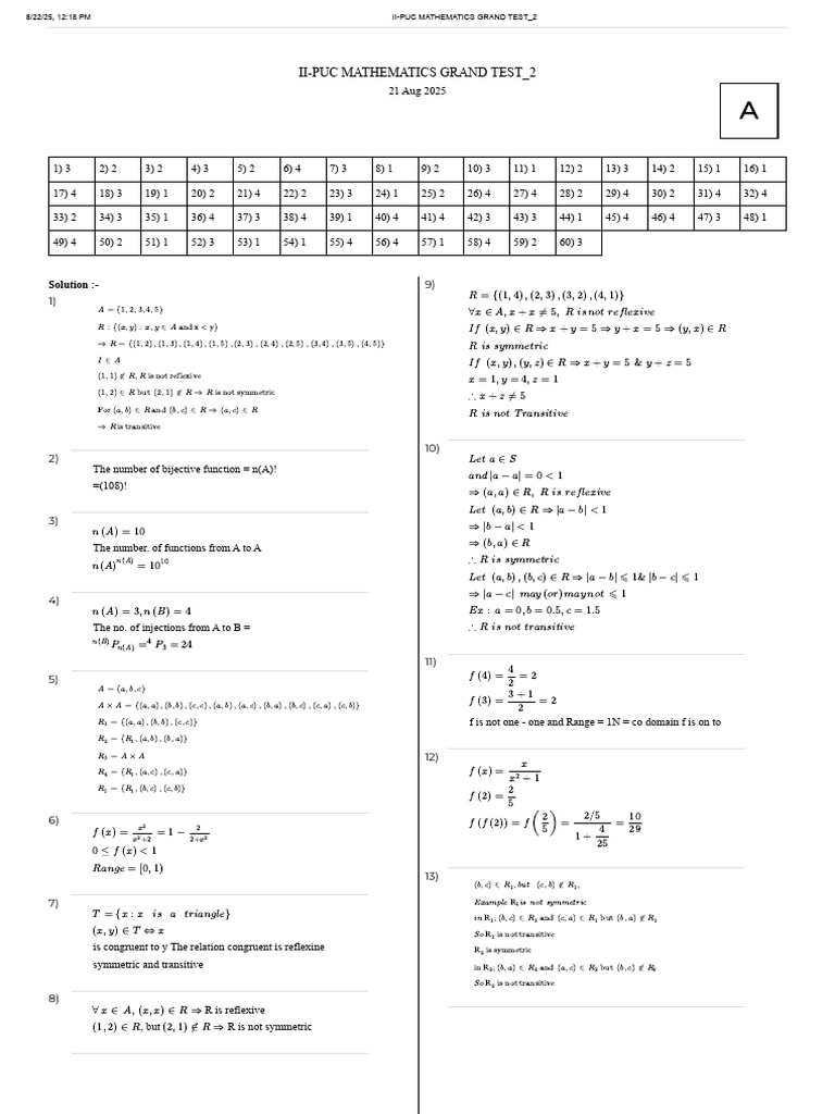 II-PUC Mathematics Grand Test 2 Answers | PDF